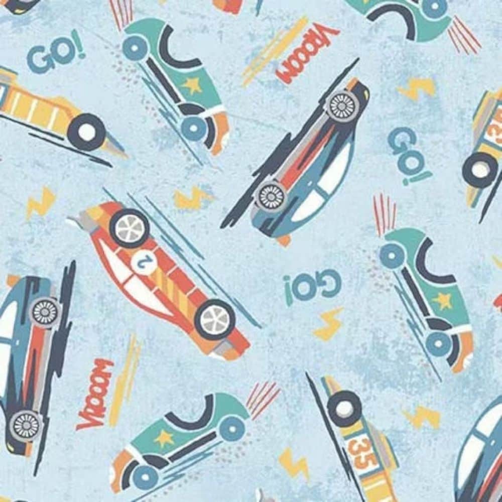 45" Michael Miller Vroom! Tossed Race Cars Fabric | Marshall Dry Goods