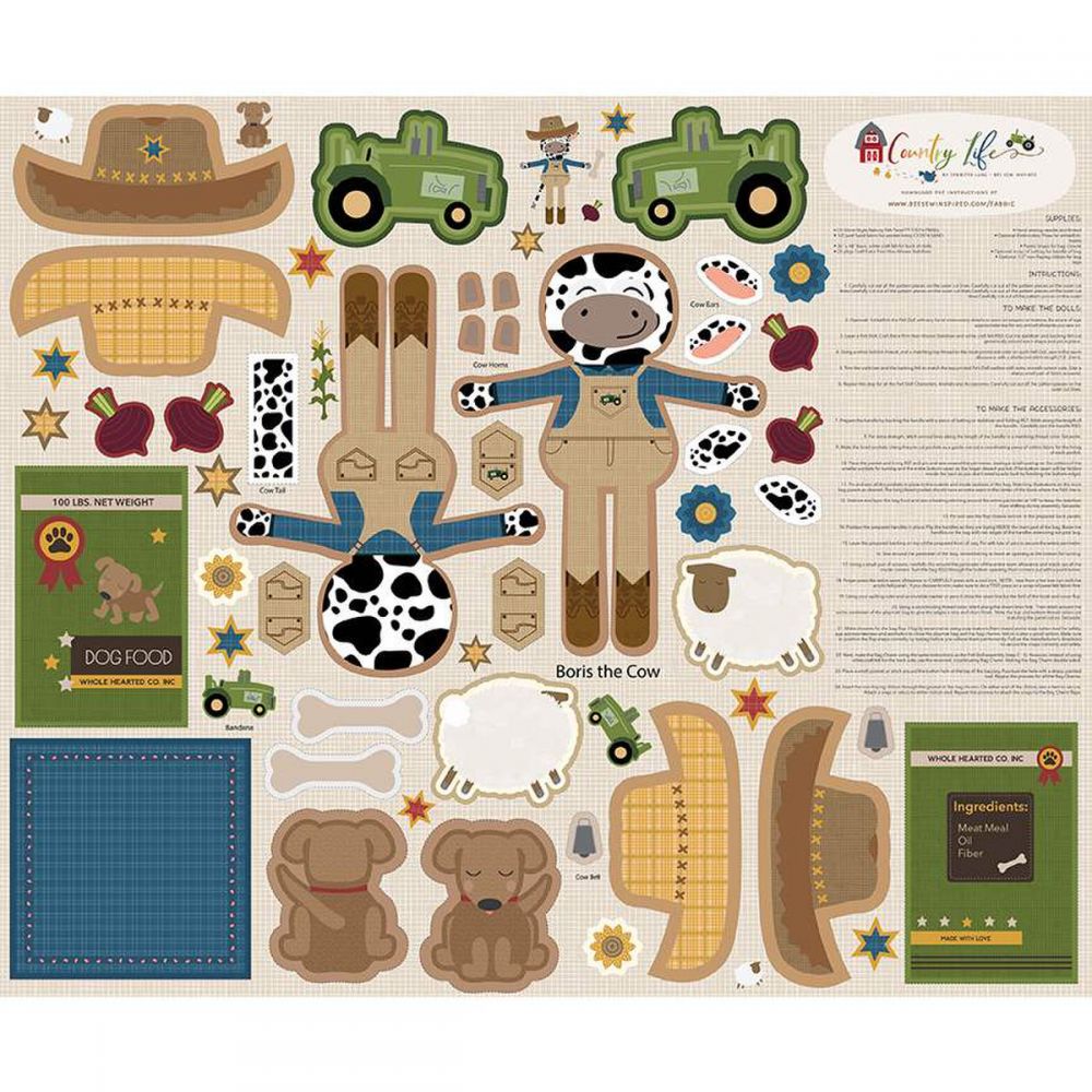 45" Riley Blake Country Life Boris The Cow Doll 36" Panel Fabric ...