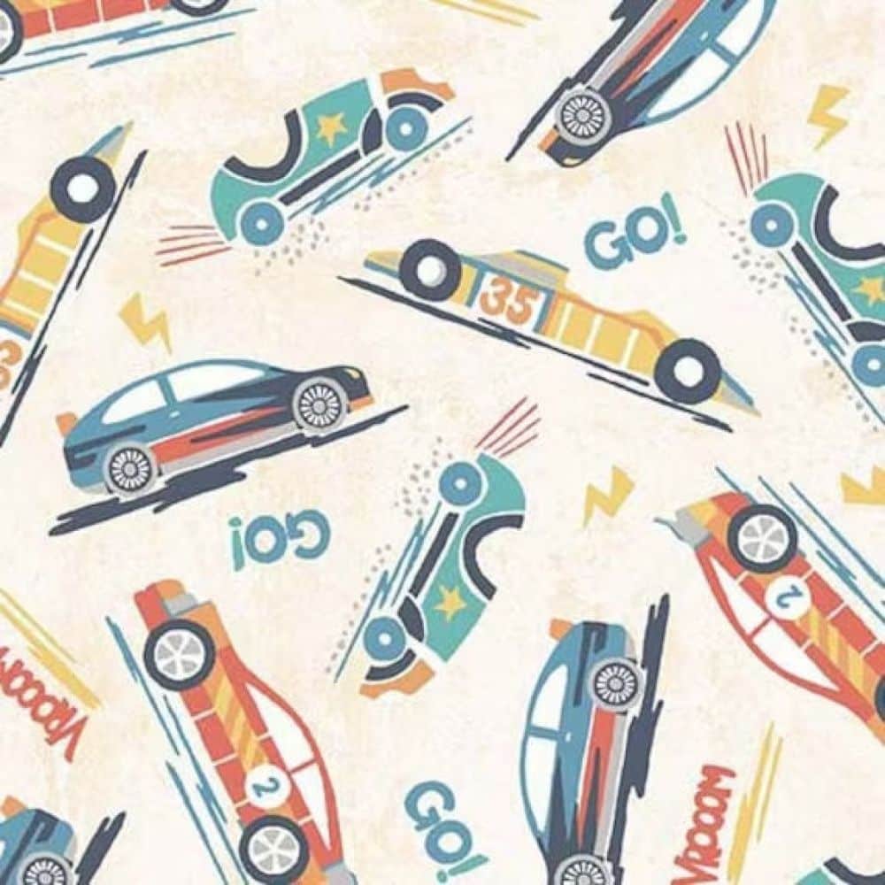 45" Michael Miller Vroom! Tossed Race Cars Fabric | Marshall Dry Goods